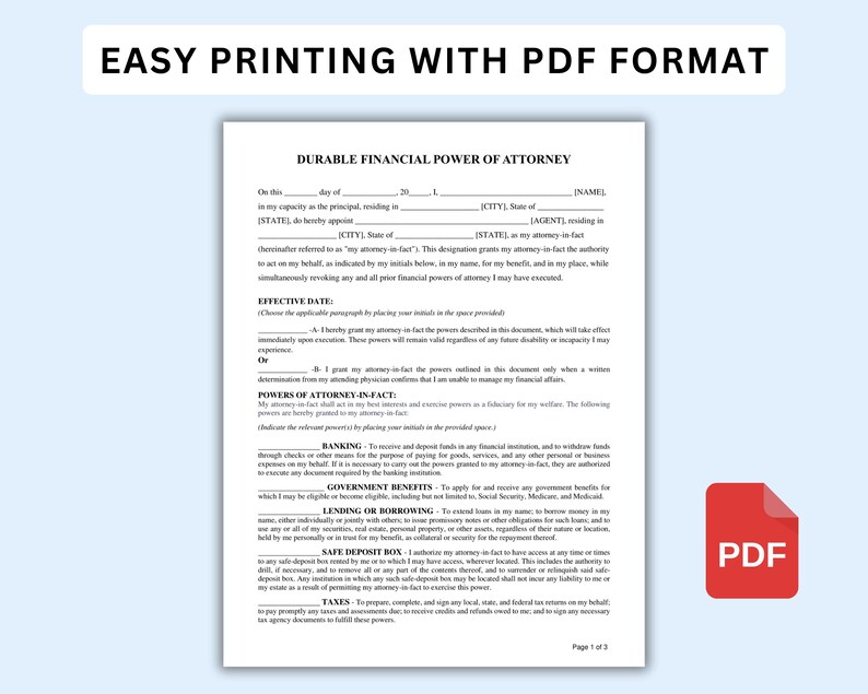 Durable Financial Power of Attorney Template Printable, Editable ...