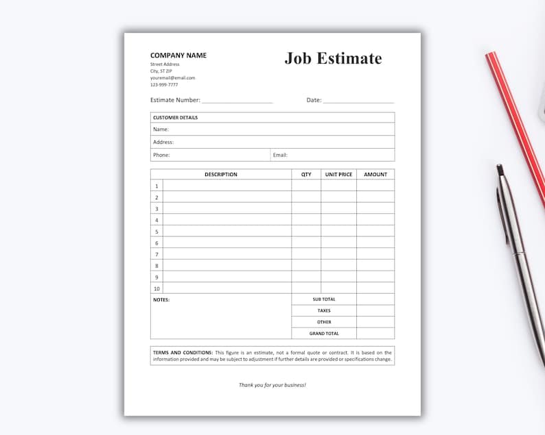 Job Estimate Template Printable | Editable Work Estimate Form | Business Price Estimate Sheet ...