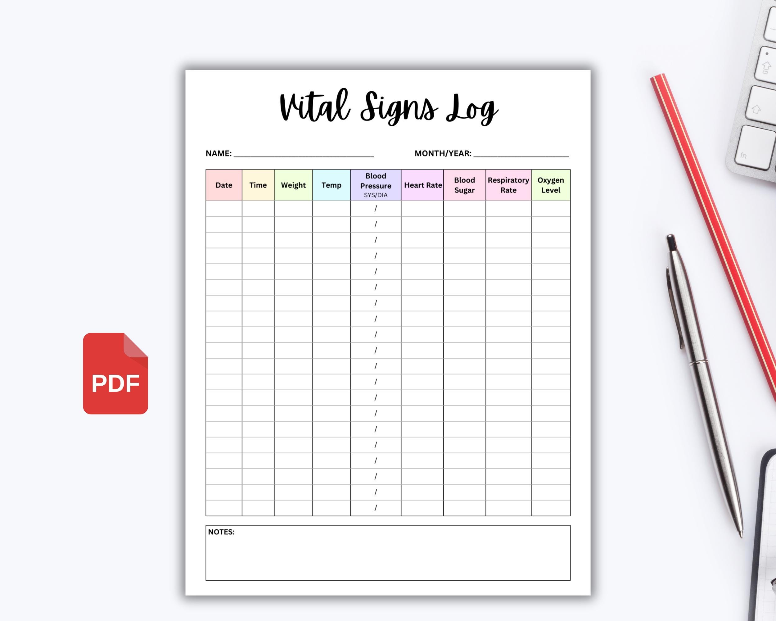 Vital Signs Log. Printable Vital Sign Chart. Nursing Vitals Sheet. Caregiver Tracker. Blood ...