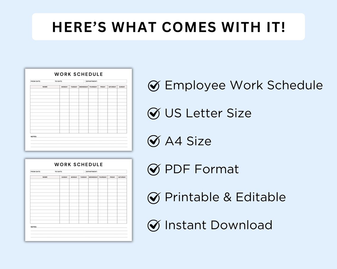 Employee Weekly Work Schedule Form Printable PDF. Instant Digital ...