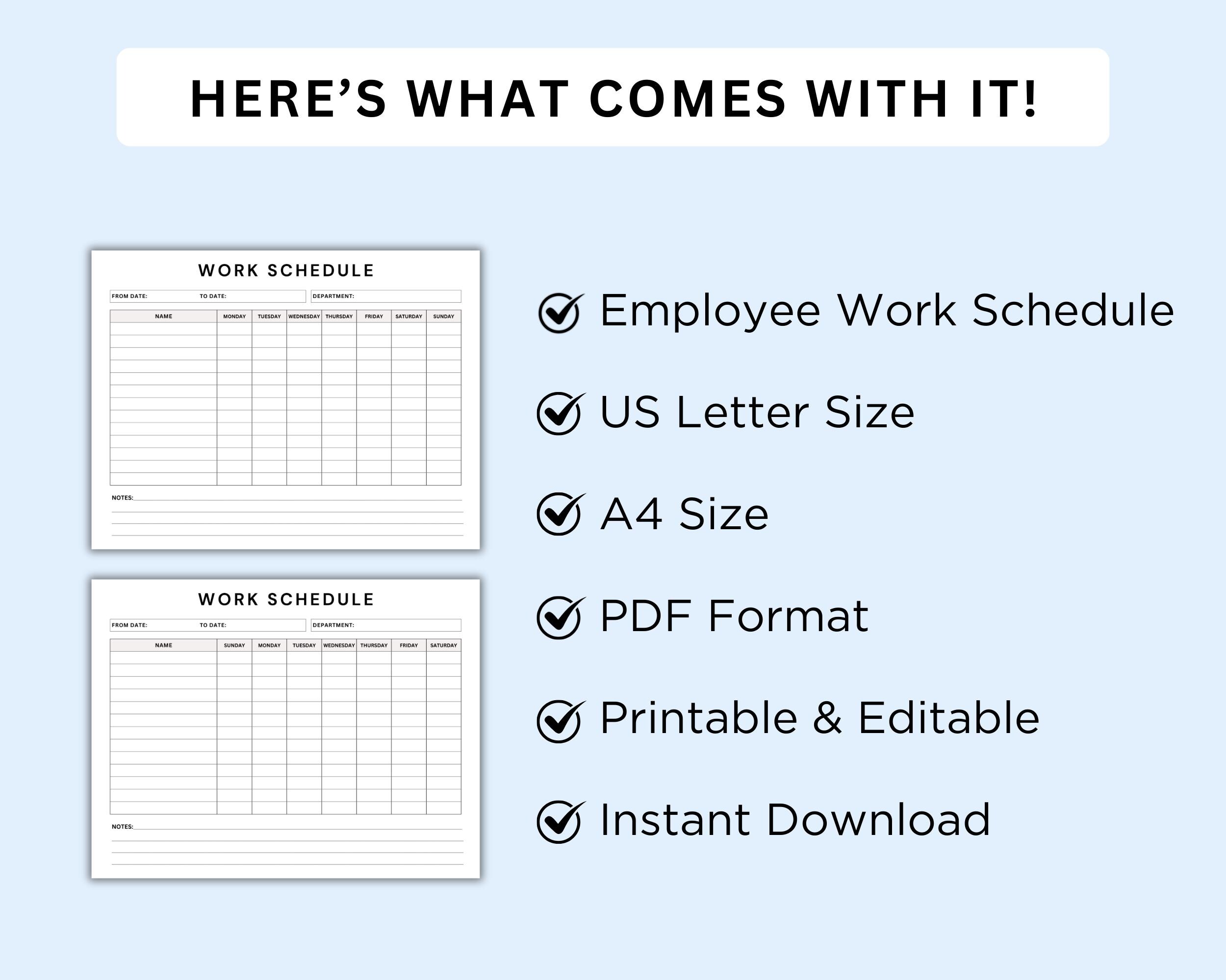 Employee Weekly Work Schedule Form Printable PDF. Instant Digital ...