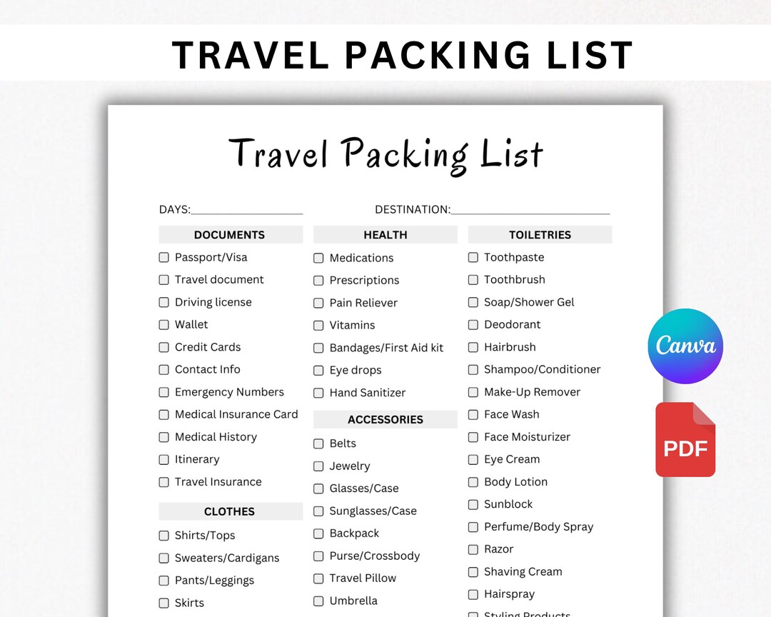 Travel Packing List, Printable, Editable, Travel Vacation Planner ...