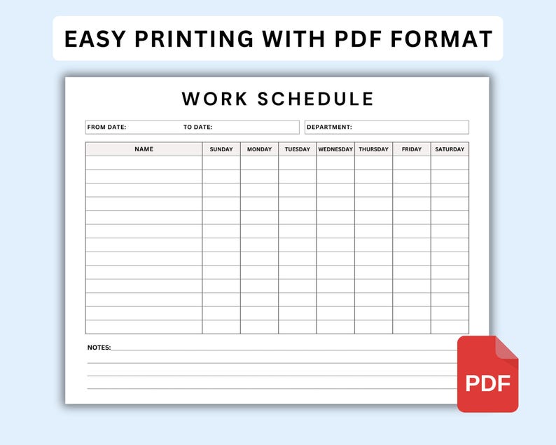 Employee Weekly Work Schedule Form Printable PDF. Instant Digital ...