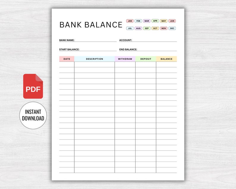 Printable Bank Balance Sheet, Savings Tracker, Banking Record, Finance ...