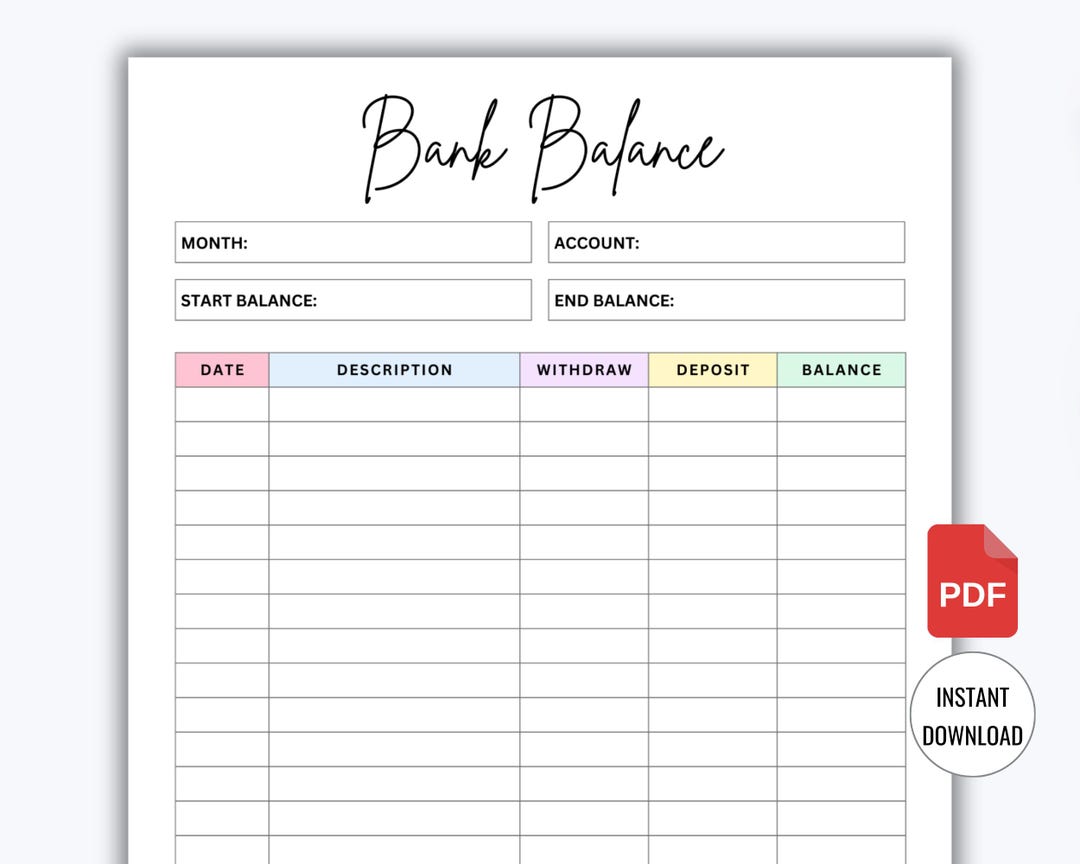 PRINTABLE Bank Balance PDF. Bank Account Log. Balance Sheet. Savings ...