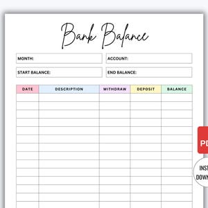 PRINTABLE Bank Balance PDF. Bank Account Log. Balance Sheet. Savings ...