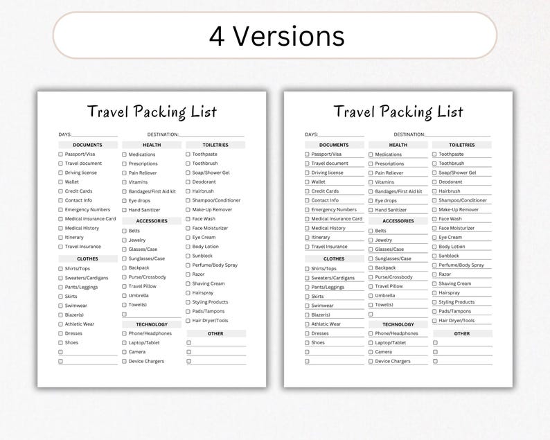 Printable Travel Packing List. Travel Vacation Planner. Travel ...