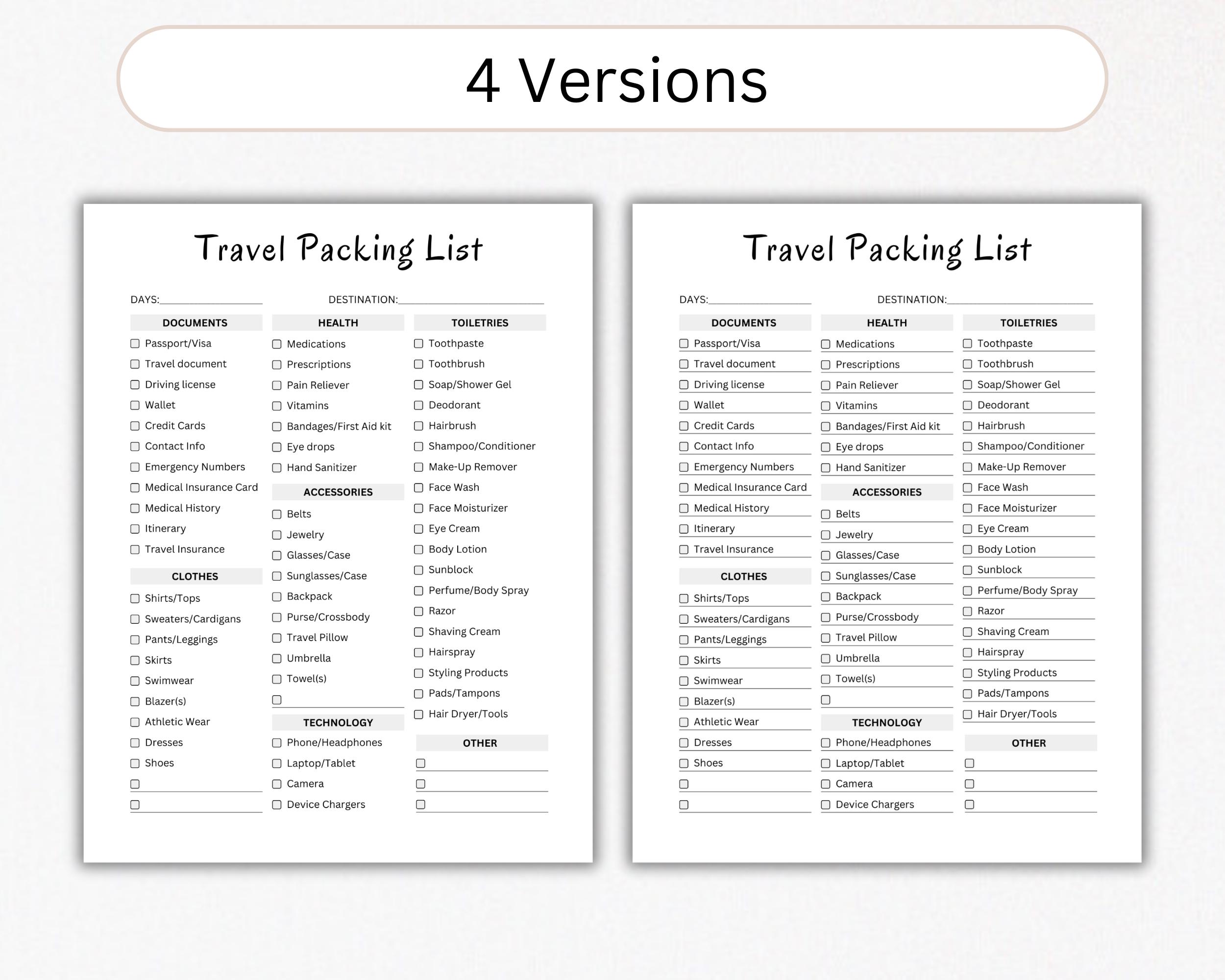 Travel Packing List, Printable, Editable, Travel Vacation Planner ...
