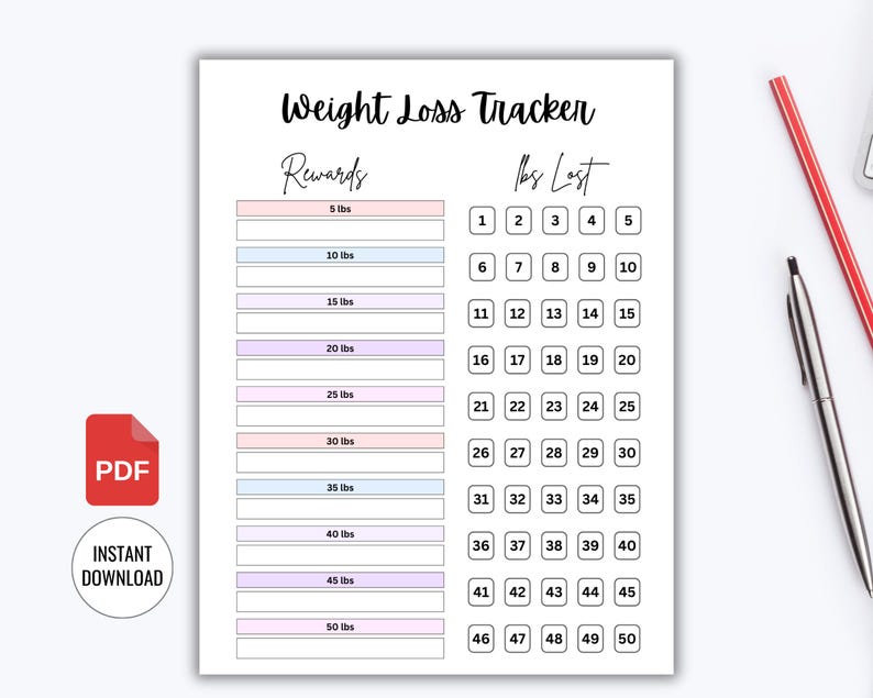 50 Lb Weight Loss Tracker Printable, Weight Loss Reward, 50 Lb Weight ...