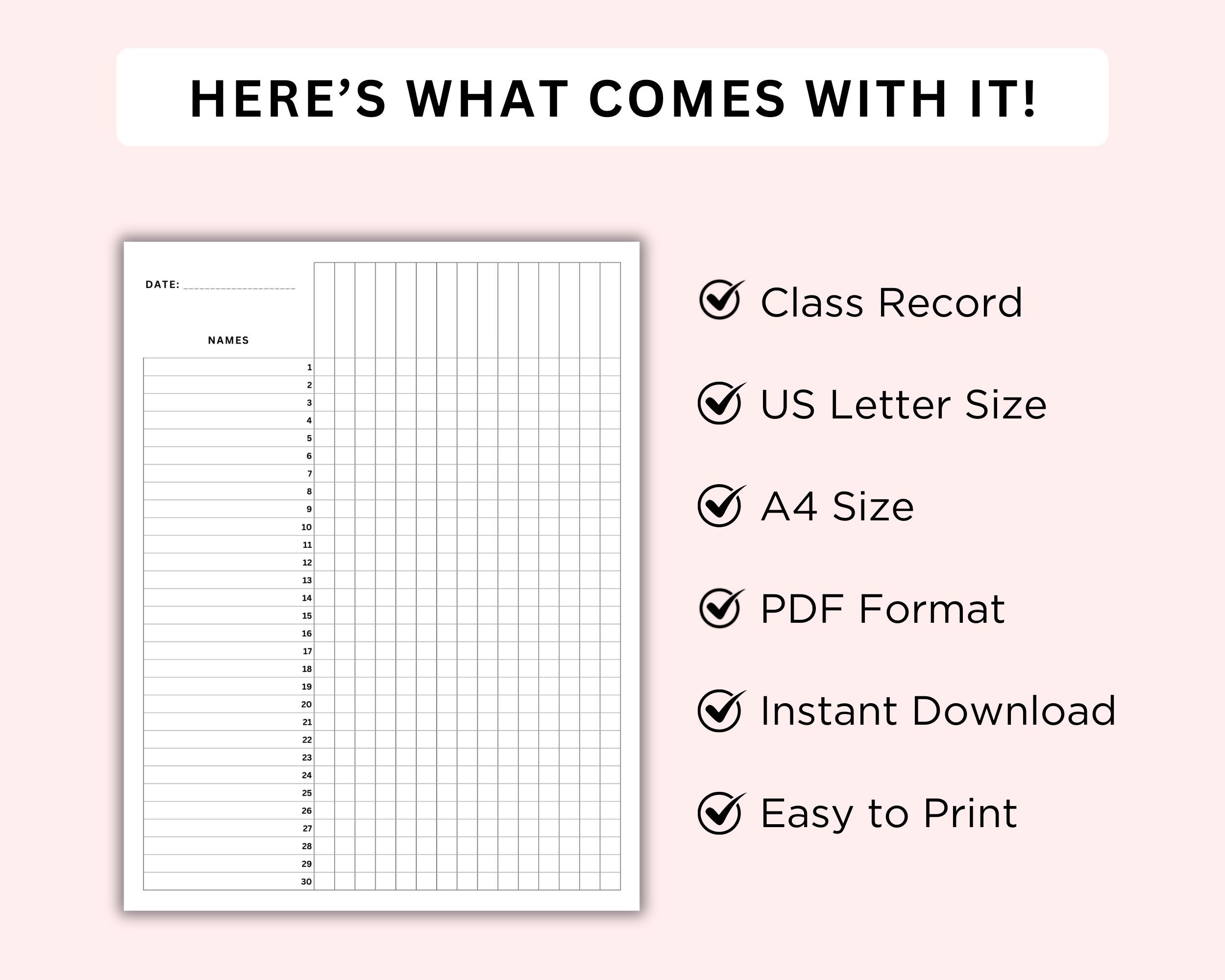 Printable Class Record. Classroom Grading Sheets. Class Gradebook ...