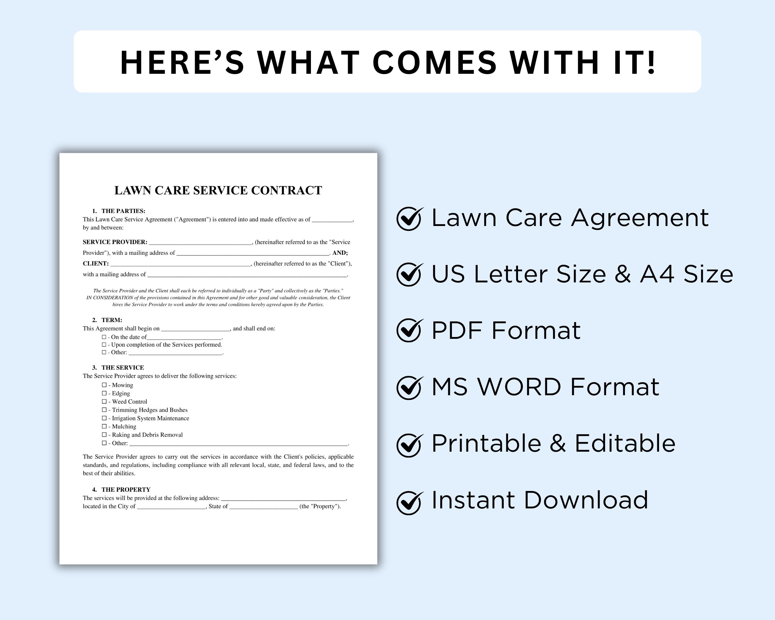 Lawn Care Service Agreement Template Printable, Landscaping Service ...