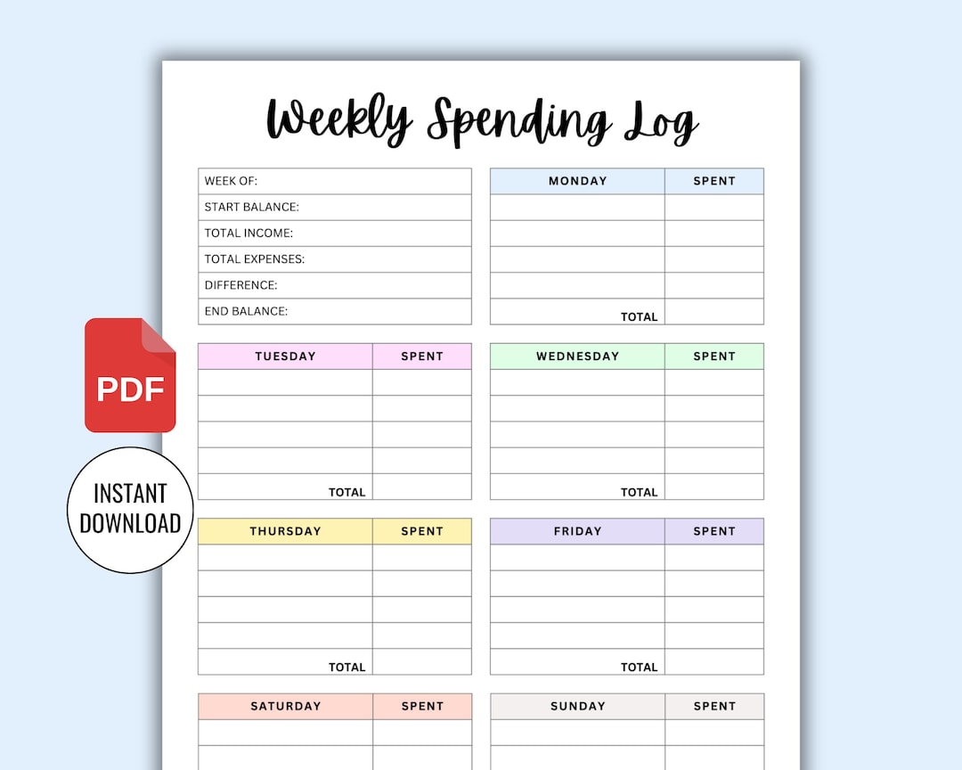 Printable Weekly Spending Tracker. Weekly Expense Tracker. Spending Log ...