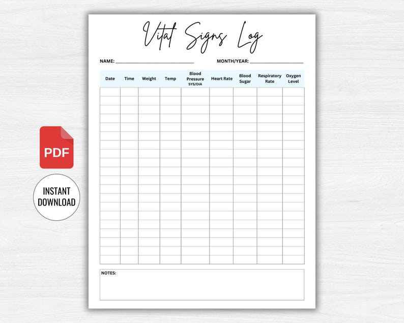 Vital Signs Log Printable | Vital Signs Tracker | Vital Signs Template ...