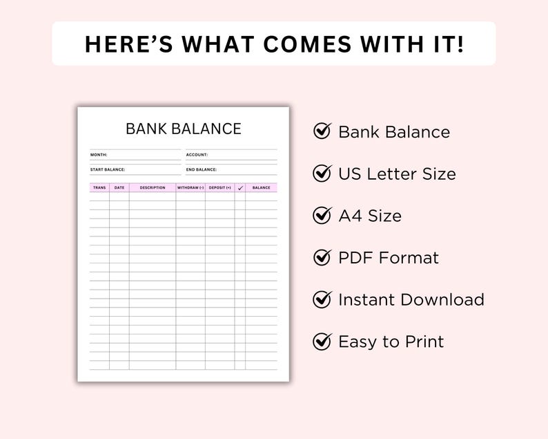 Bank Balance Printable, Bank Account Log. Balance Sheet. Savings ...