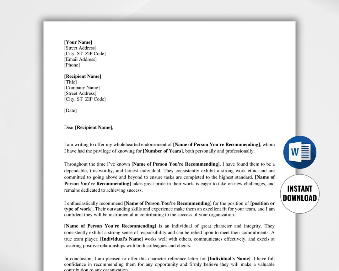 Editable Character Reference Letter Template, Professional Character ...