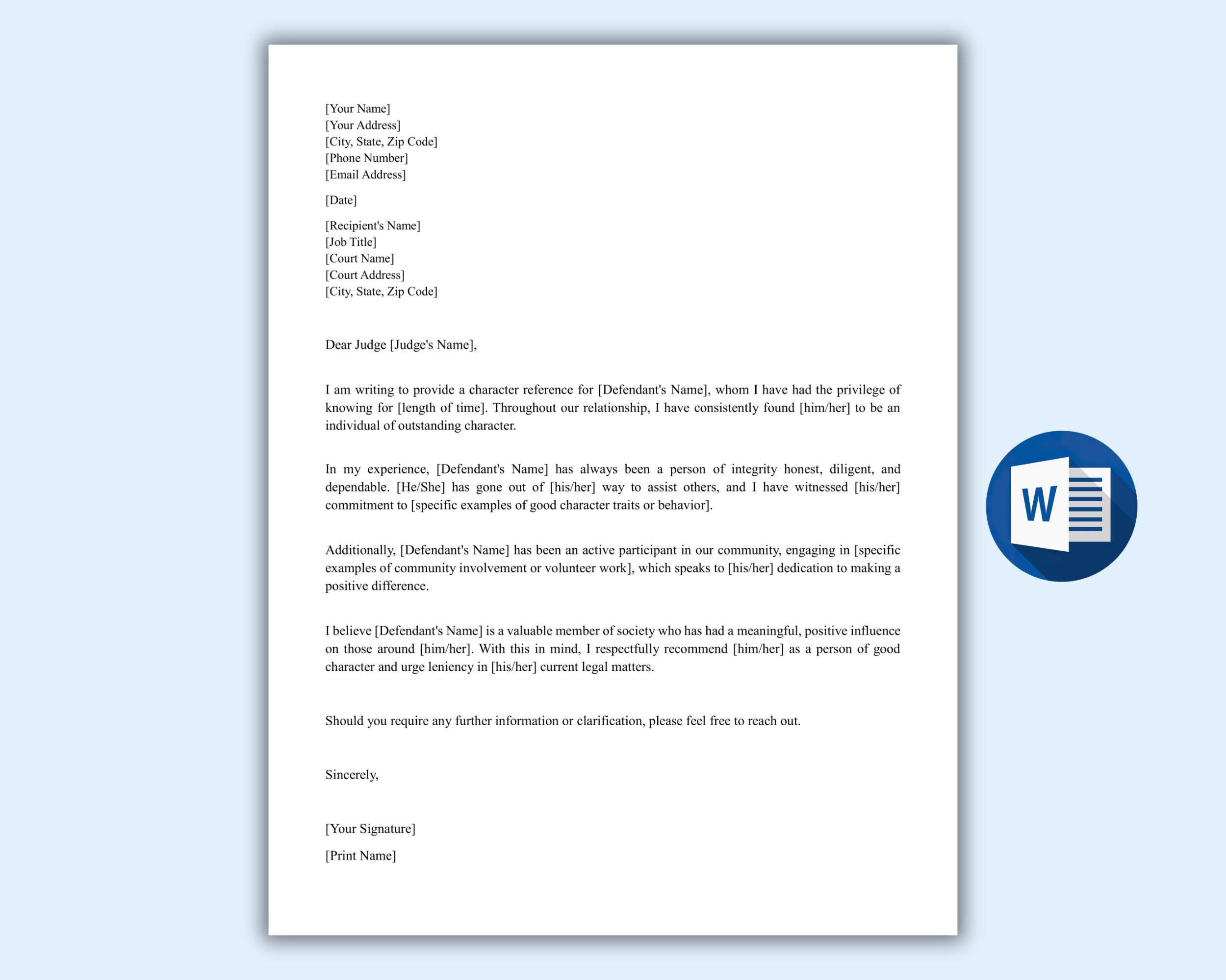 Editable Court Character Reference Letter Template | Legal Reference ...