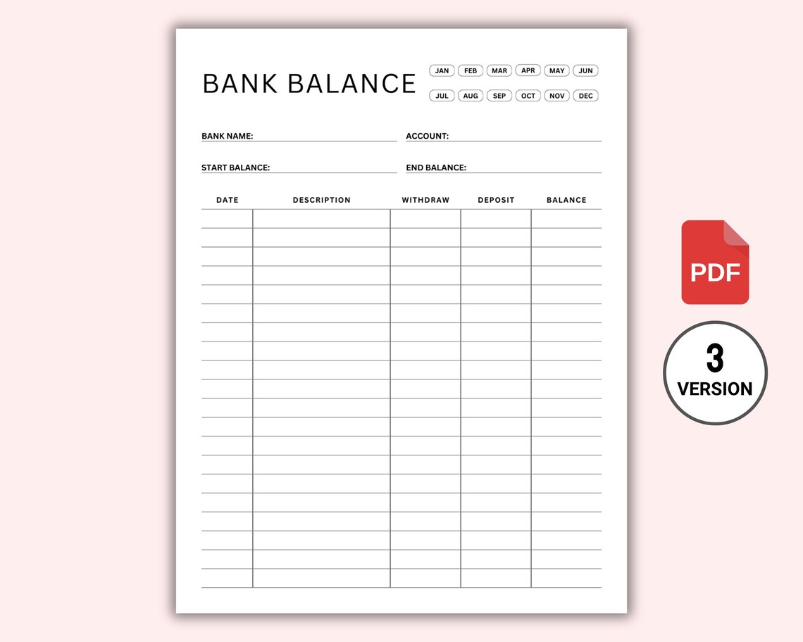 Bank Balance Tracker, Printable Finance Planner, Bank Account Log ...