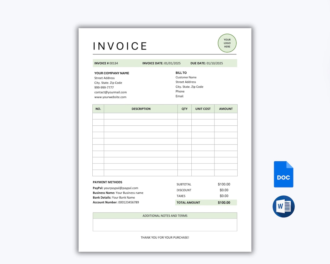 Editable Invoice Template Word & Google Docs. Printable Billing ...