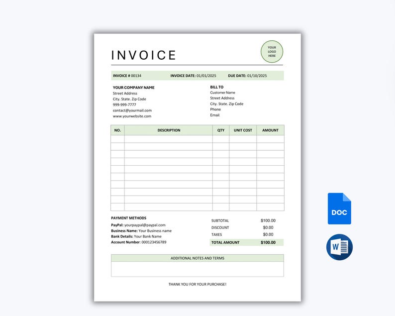Invoice Template. Business Invoice. Invoice Word. Editable Invoice Form ...