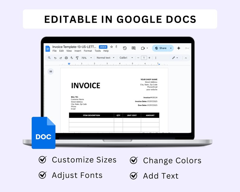 Editable Invoice Template, Printable Microsoft Word Invoice (A4 & US ...