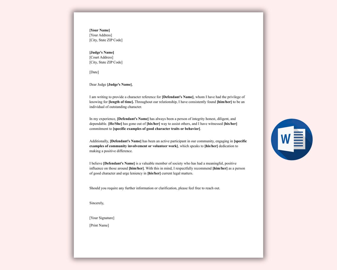 Court Character Reference Letter Template Editable | Legal Reference ...