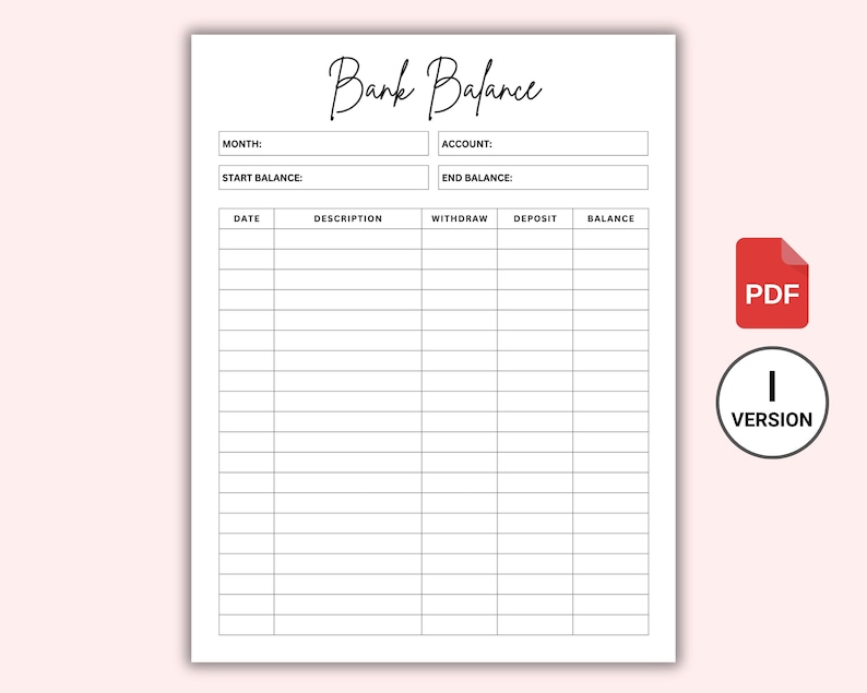 Bank Balance Tracker, Printable Finance Planner, Bank Account Log ...