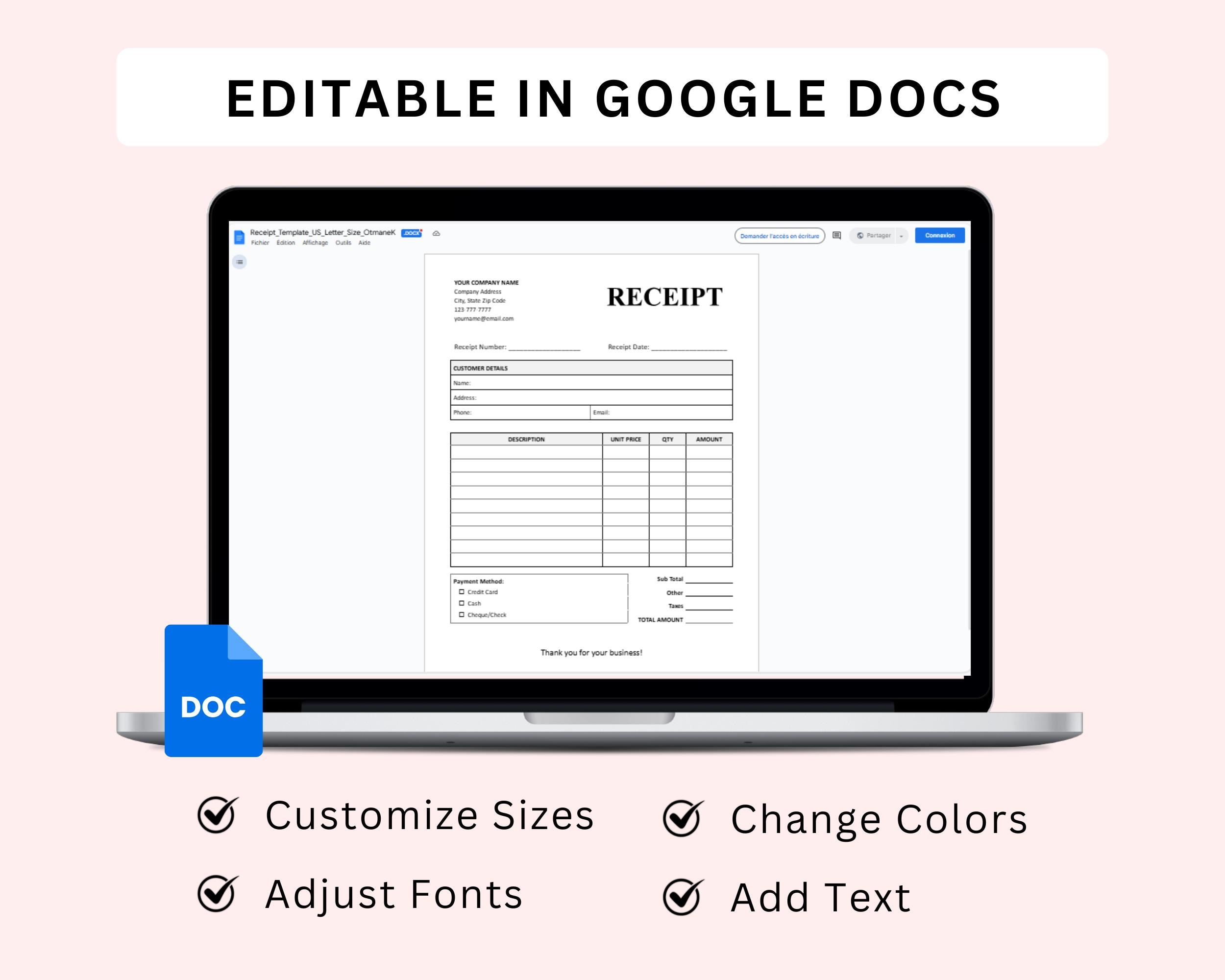 Editable Receipt Template. Printable Billing Template. Small Business ...