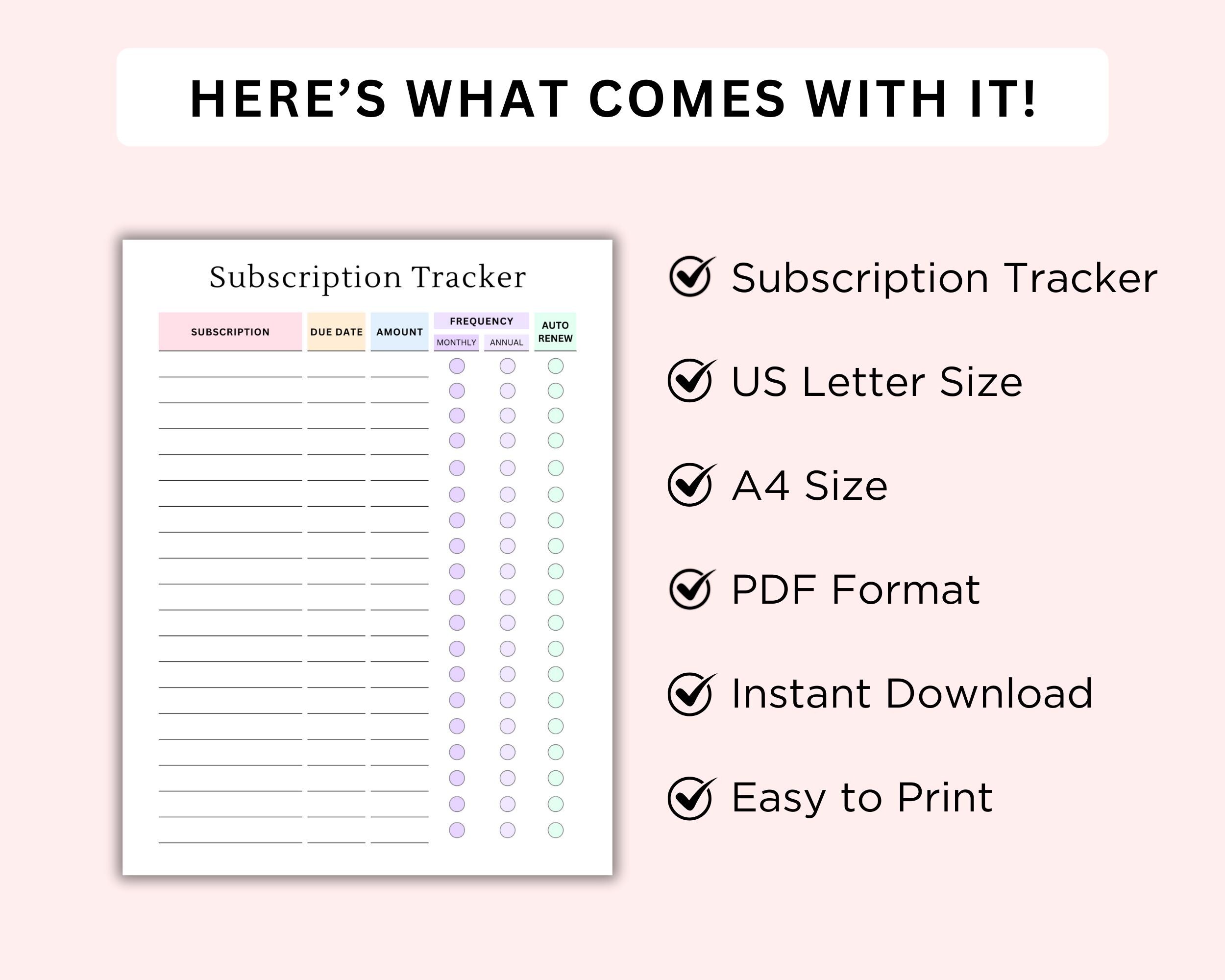Subscription Tracker Printable, Membership Checklist, Expense Tracker ...