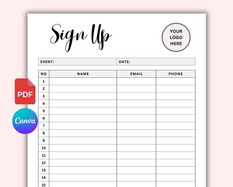 EDITABLE Sign up Sheet Template. Printable Event Sign up Sheet Form ...