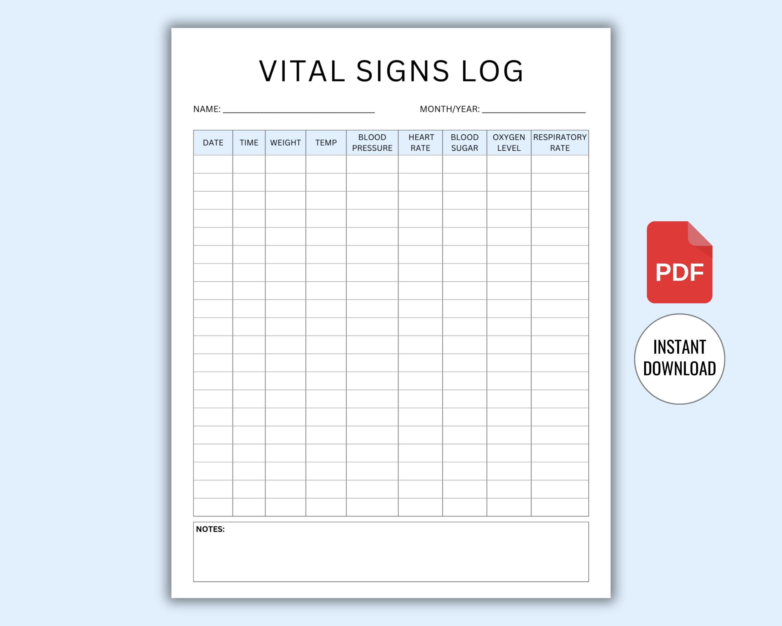 Printable Vital Signs Log, Daily Health Tracker, Vital Sign Tracker for ...