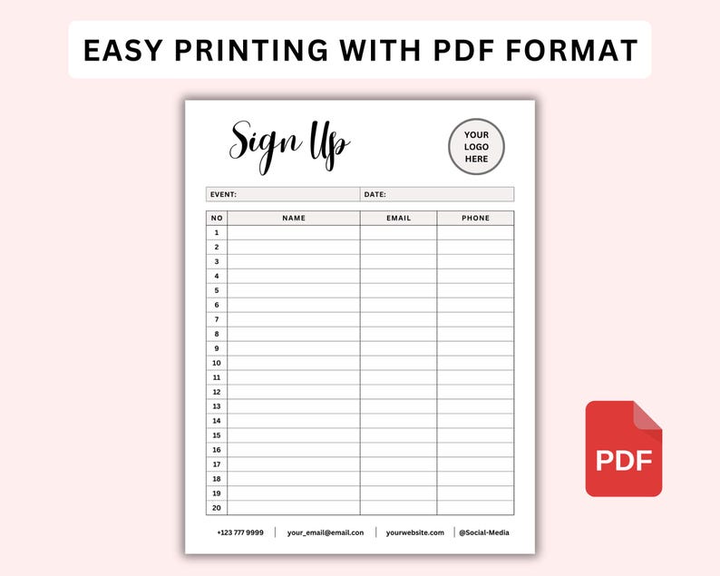 EDITABLE Sign up Sheet Template. Printable Event Sign up Sheet Form ...