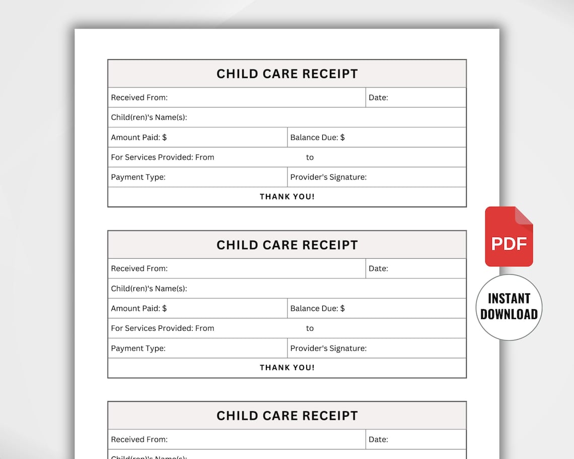 Daycare Receipt Printable, Child Care Payment Form, Childcare Receipt ...