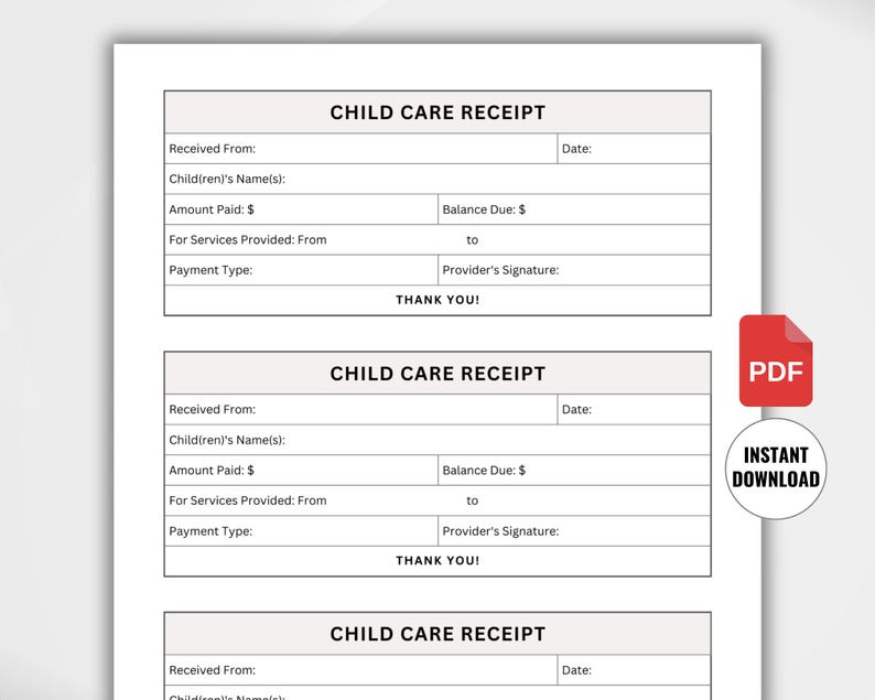 Daycare Receipt Printable, Child Care Payment Form, Childcare Receipt ...