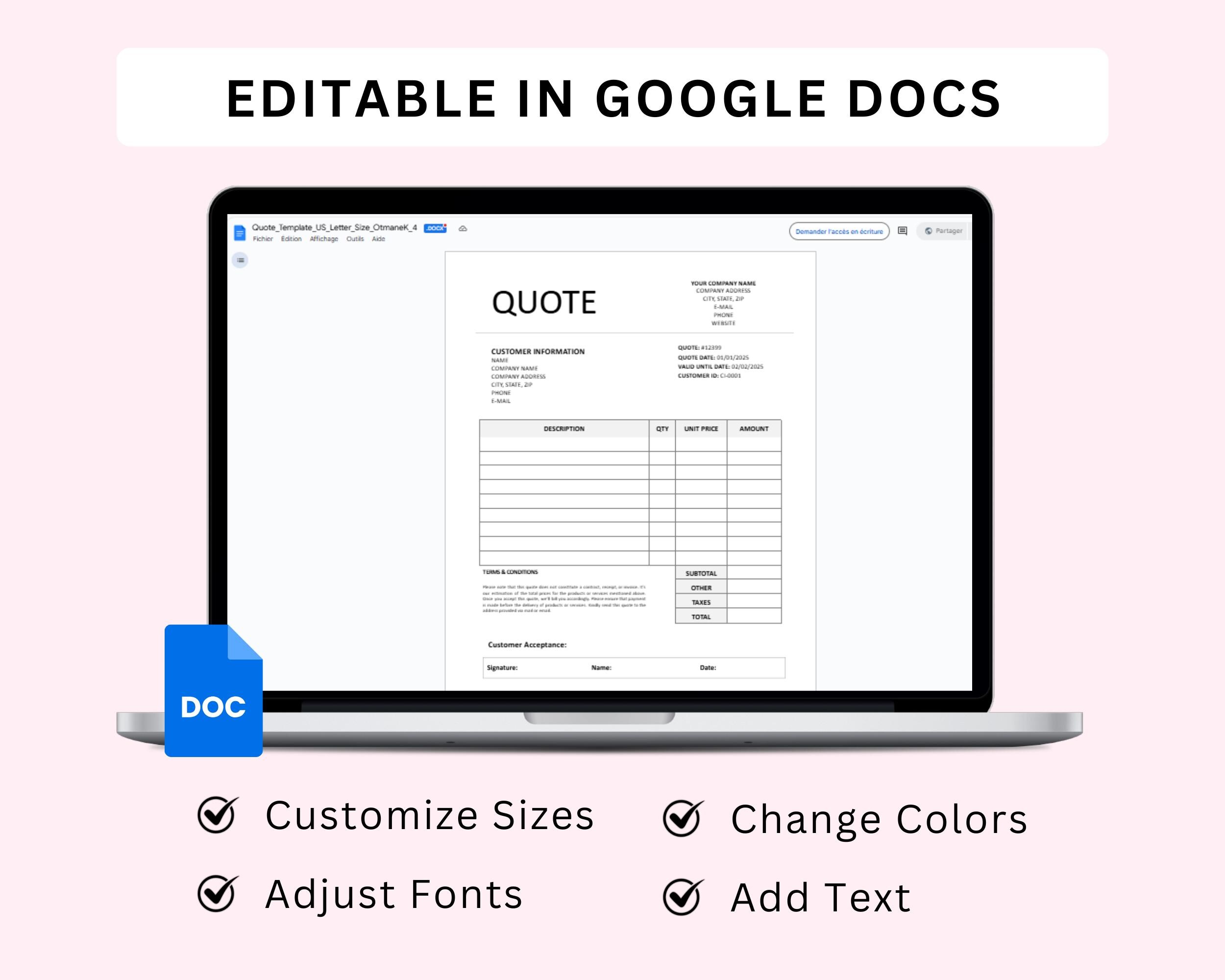 Quote Template Editable. Printable Quote Form. Job Proposal. Price ...