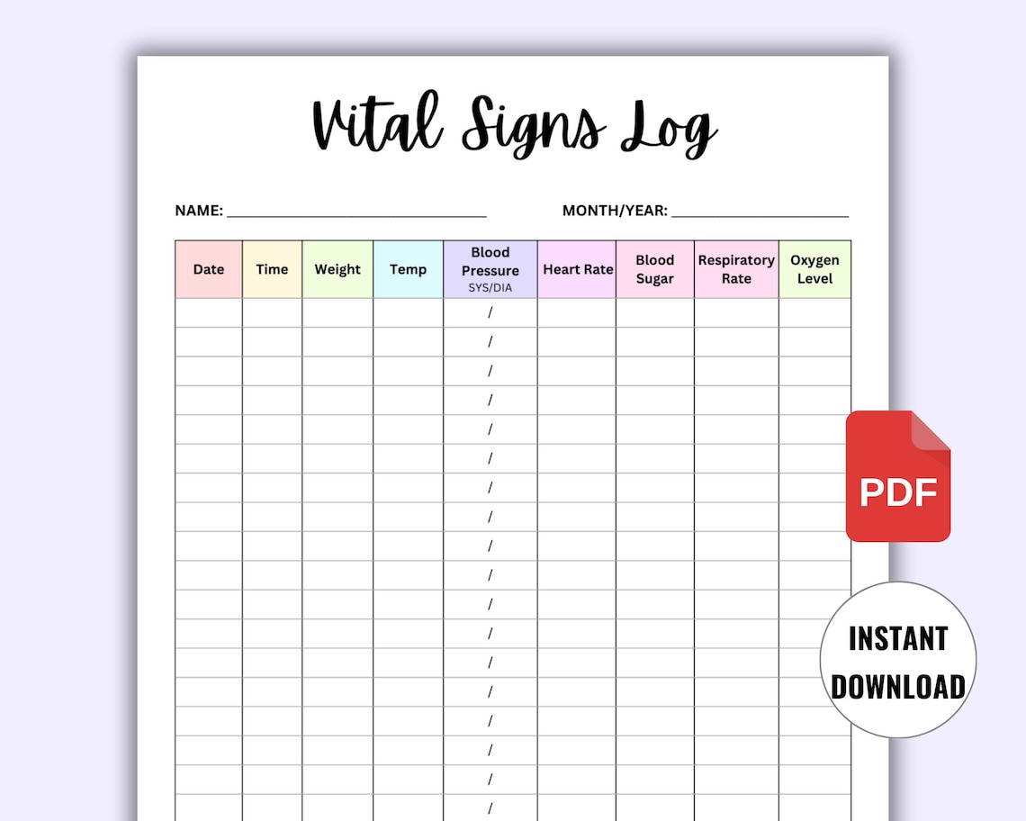 Vital Signs Log. Printable Vital Sign Chart. Nursing Vitals Sheet. Caregiver Tracker. Blood ...