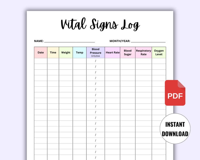 Vital Signs Log. Printable Vital Sign Chart. Nursing Vitals Sheet ...