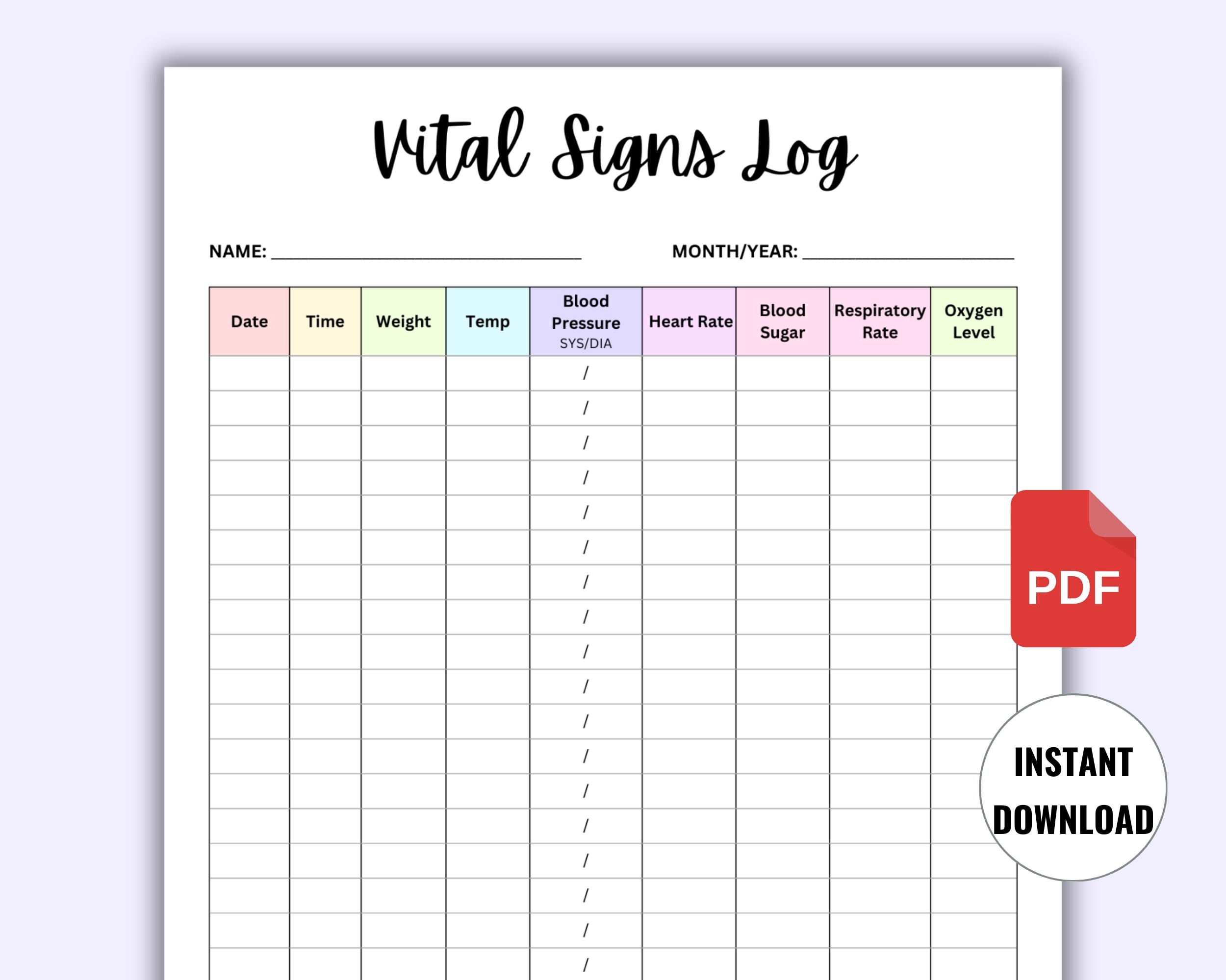 Vital Signs Log. Printable Vital Sign Chart. Nursing Vitals Sheet ...
