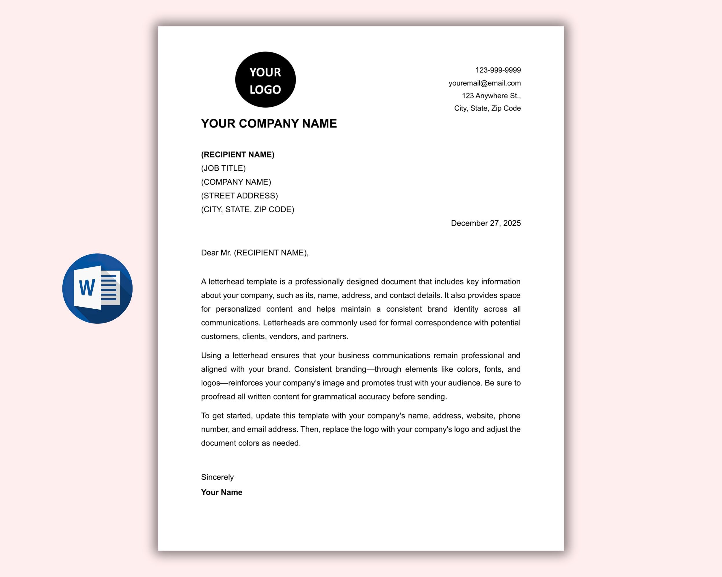 Editable Company Letterhead Template, Printable Business Letterhead ...