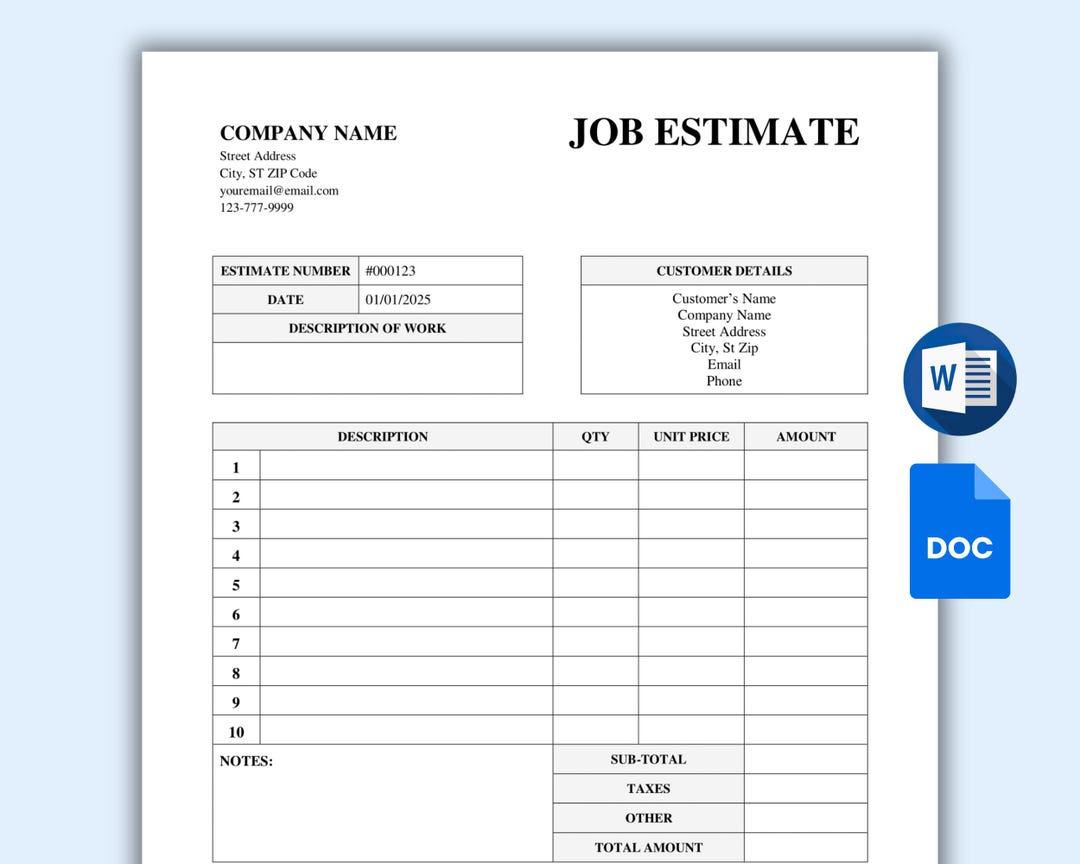 Editable Job Estimate Template, Printable Construction Bid Form ...