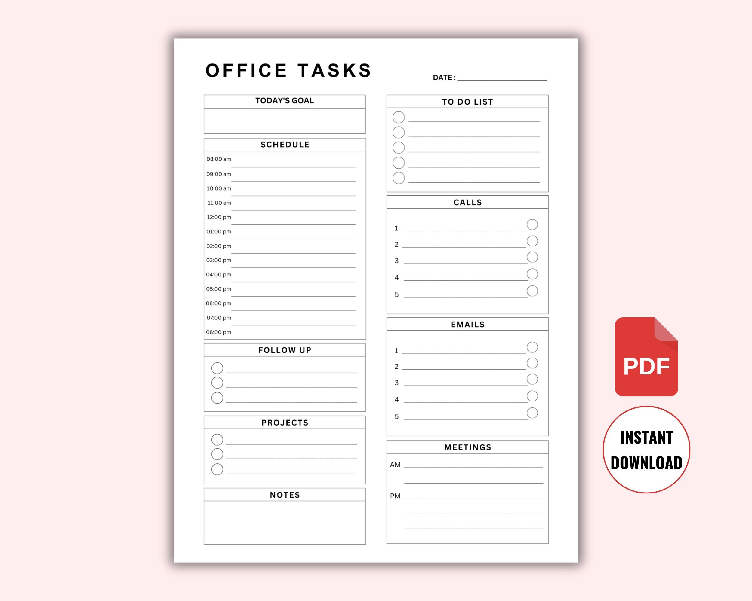 Printable Office Tasks. Office Planner. Office To-do List. Daily Office ...