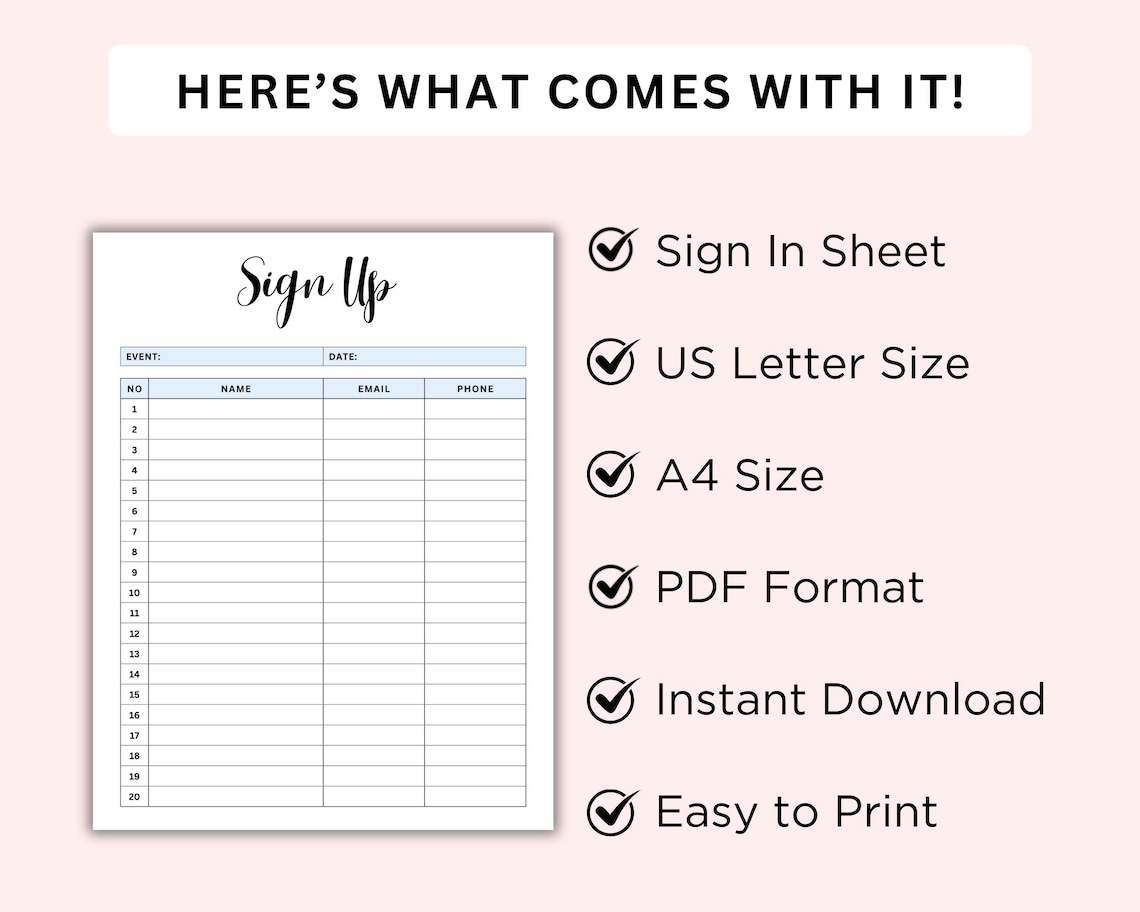 Sign up Sheet Template Printable. Event Sign up Sheet. Sign up Form ...