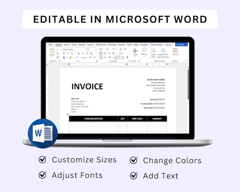 Editable Invoice Template, Printable Microsoft Word Invoice (A4 & US ...