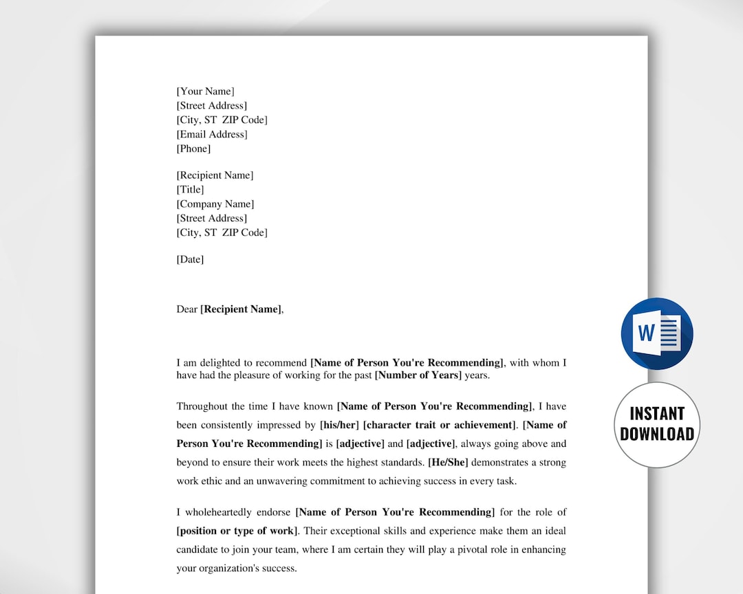 Printable Professional Reference Letter Template (microsoft Word) - Etsy