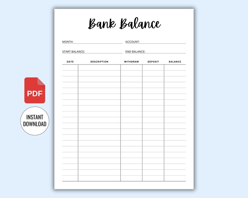 Printable Bank Balance. Bank Account Log. Savings Sheet. Banking Record ...