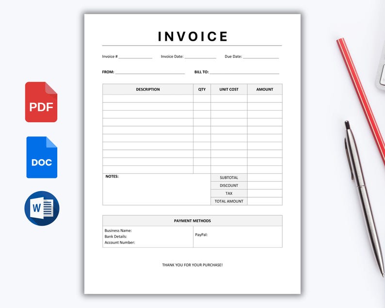 Editable Invoice Template for Small Business, Printable Billing ...