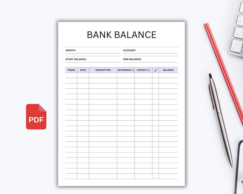 Bank Balance Printable, Bank Account Log. Balance Sheet. Savings ...