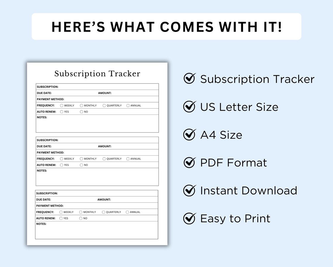 Printable Subscription Tracker PDF. Subscription Log. Expense Tracker. Membership Tracking ...