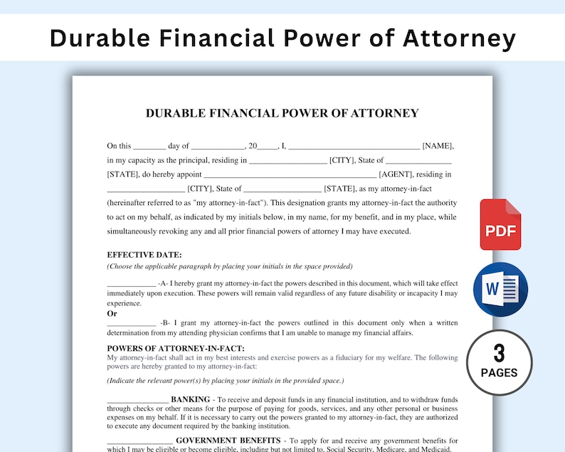 Durable Financial Power of Attorney Template Printable, Editable ...