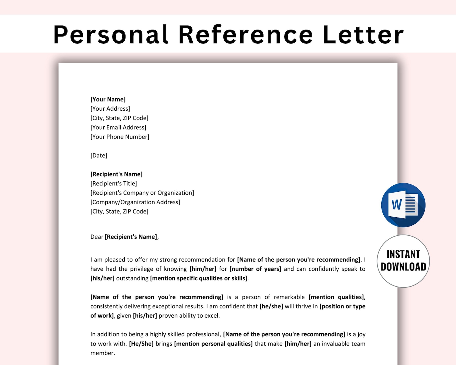 Personal Reference Letter Template Editable, Character Reference Letter ...
