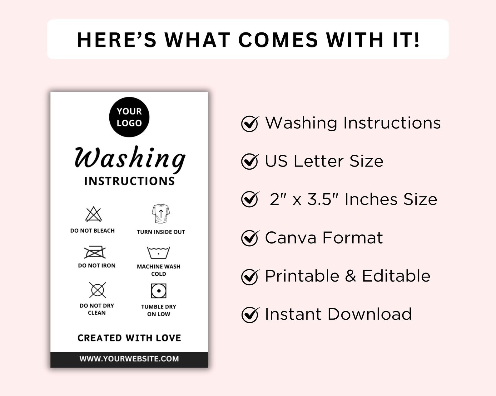Printable Washing Instructions Card. PDF Washing Care Card. Small ...